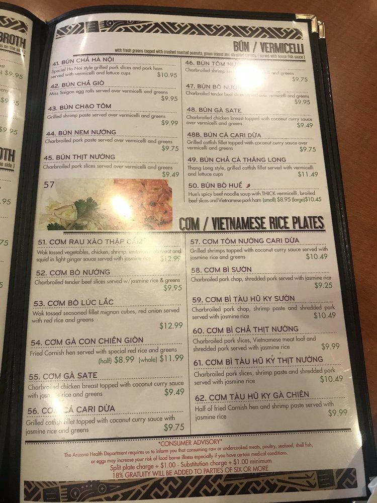 Menu at Miss Saigon restaurant, Tucson, N Campbell Ave