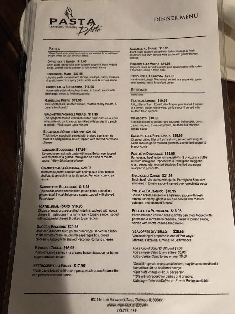 Menu at Pasta D'Arte Trattoria Italiana restaurant, Chicago