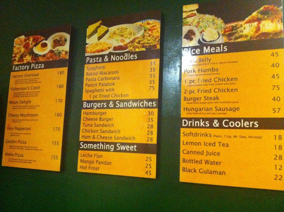 Menu at Pizza Factory restaurant, Calbayog City