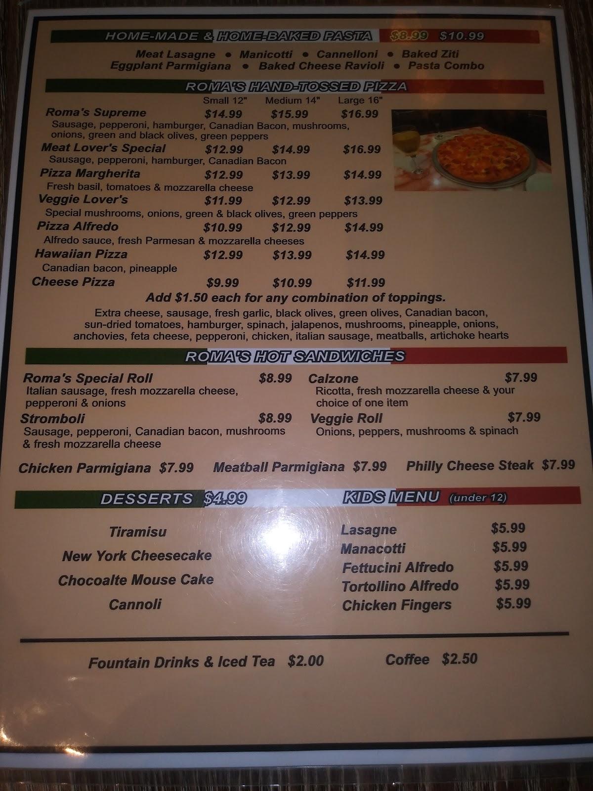 Menu at Roma's Italian Restaurant, Poteau