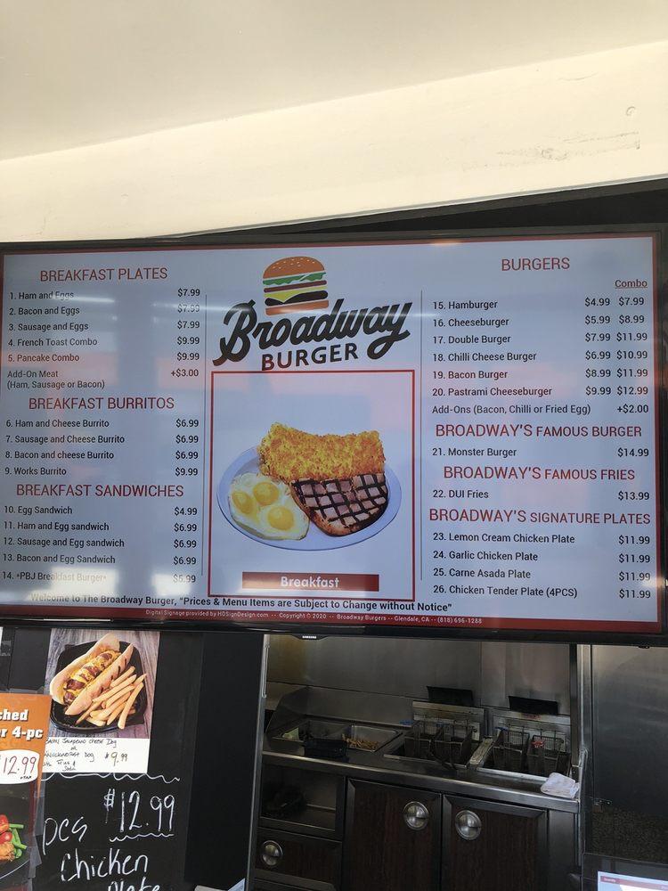 Menu at Broadway Burger restaurant, Glendale