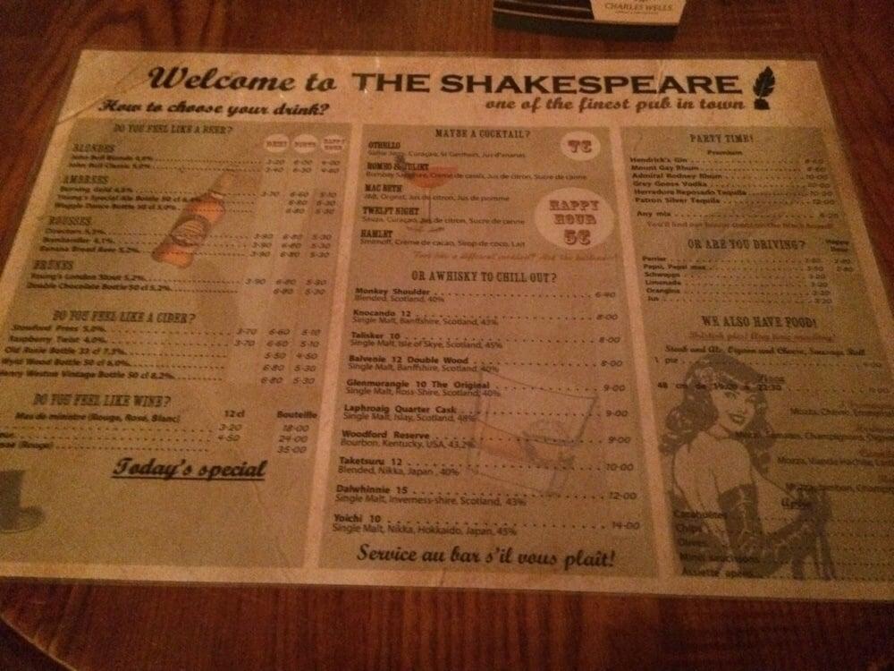 Menu at The Shakespeare pub & bar, Montpellier