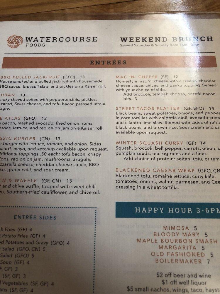 Menu at Watercourse Foods restaurant, Denver, 837 E 17th Ave