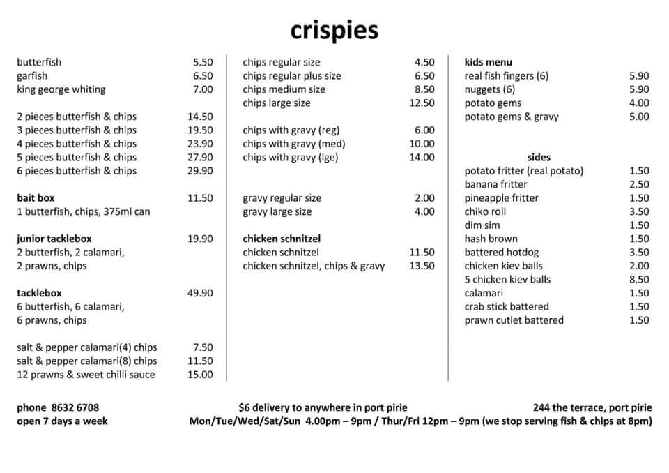 Menu at crispies restaurant, Port Pirie