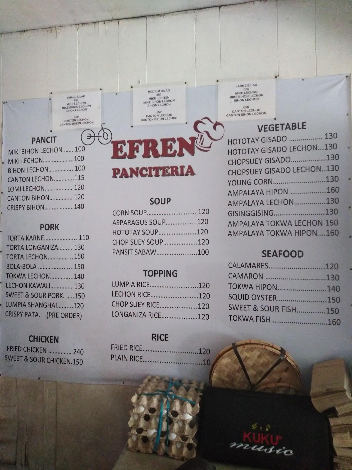 Carta del restaurante Efren Panciteria, Mariquina