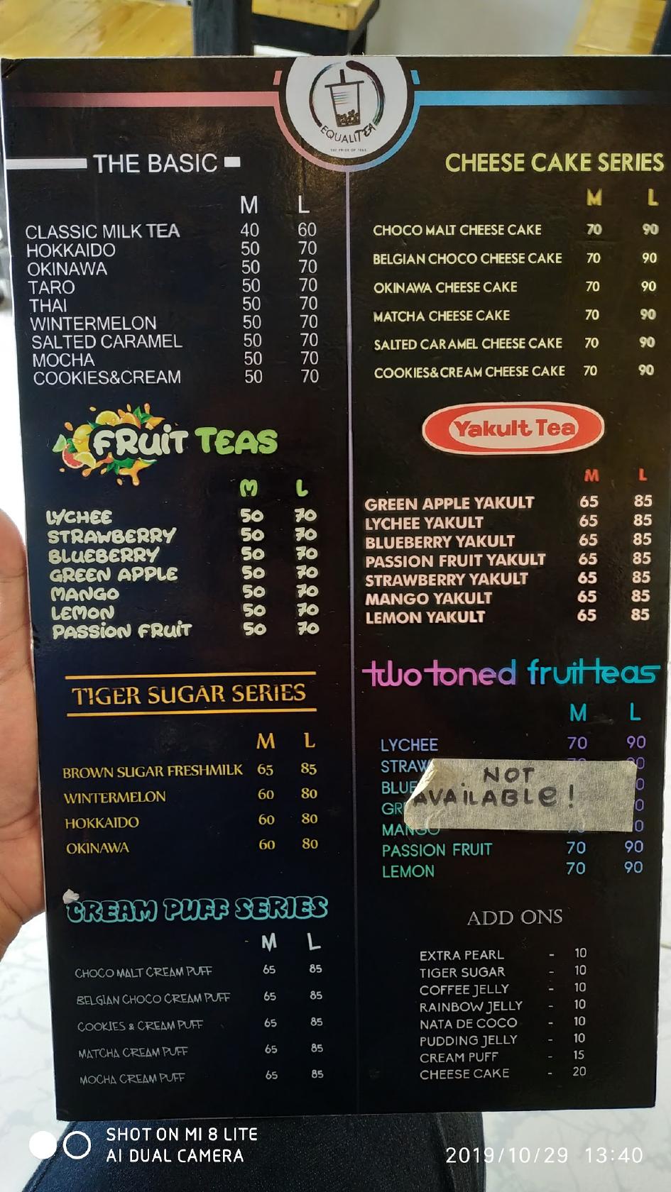 Menu at Equality - Milk tea Shop cafe, Bulacan