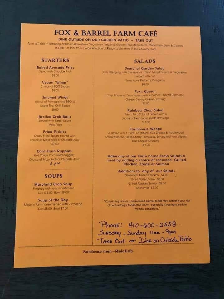 Menu at Fox & Barrel Farm Cafe, Ellicott City