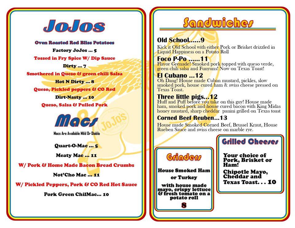 Menu at JoJo's at The Yeti restaurant, Fort Collins