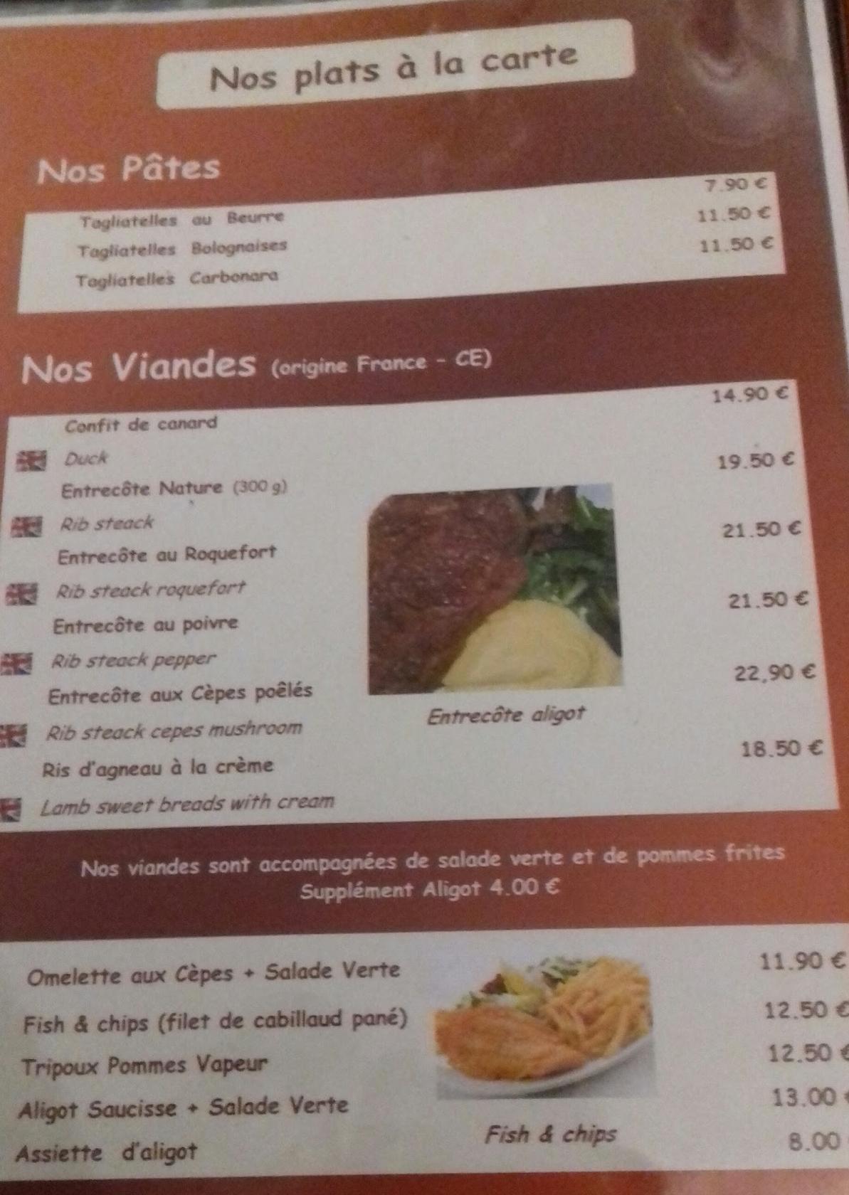 Menu at La Calabrese restaurant, Sainte-Enimie