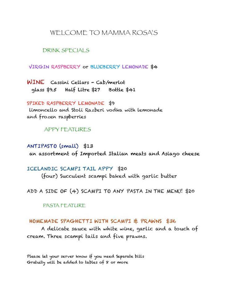 Menu at Mamma Rosa Restaurant, Kelowna