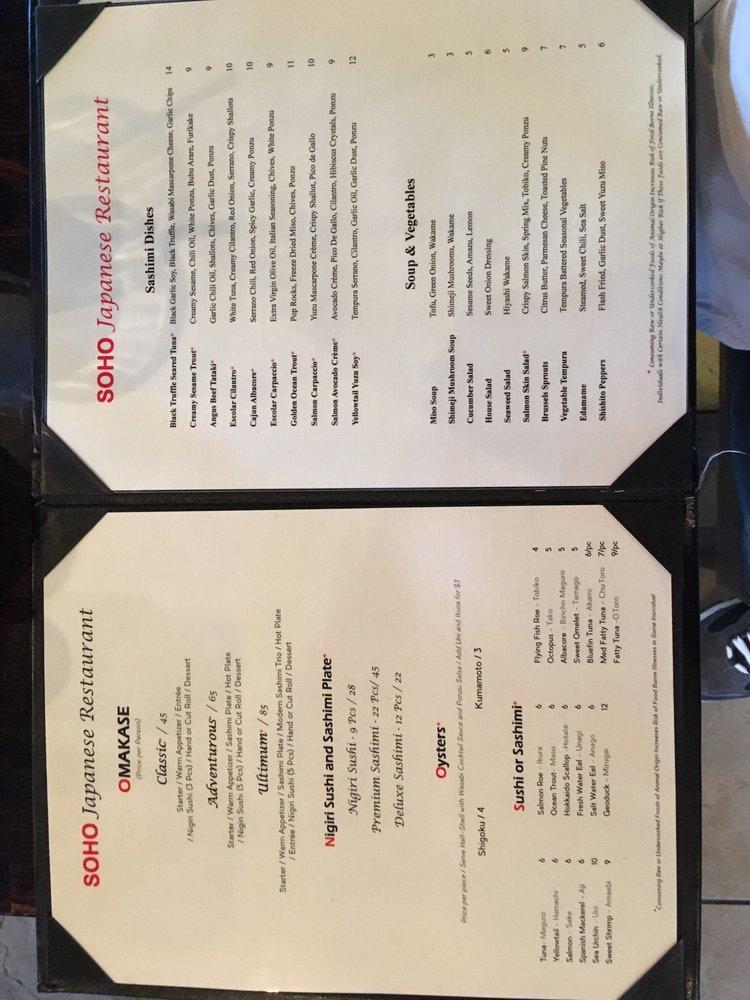Menu at Soho Japanese Restaurant, Las Vegas
