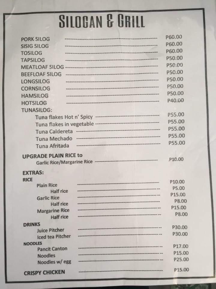 Menu at Silogan restaurant, Mandaue City