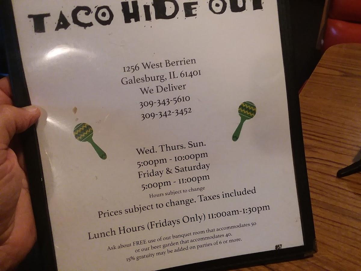 Menu at Taco Hideout restaurant, Galesburg