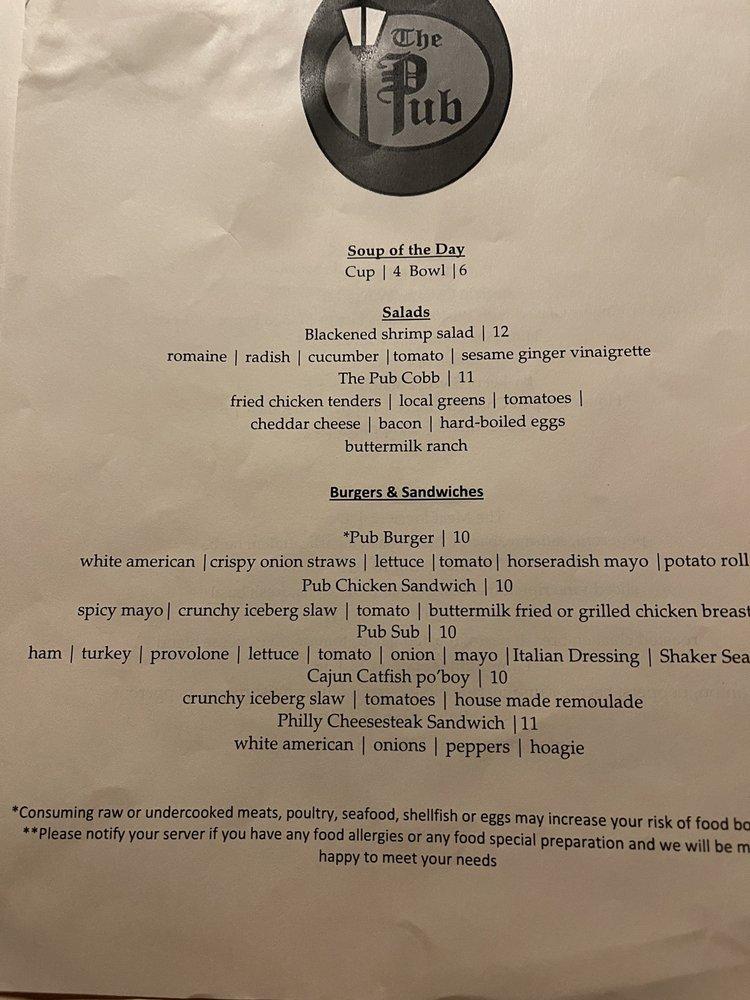 Menu at The Pub, Tifton