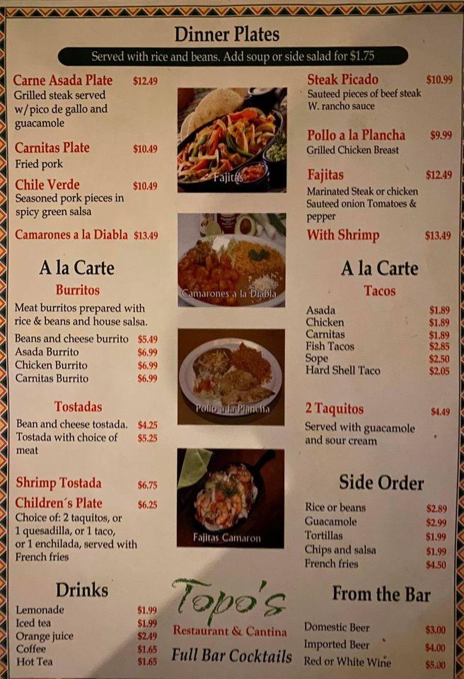 Menu at Topo’s Restaurant Bar & Banquet Facility, Chino