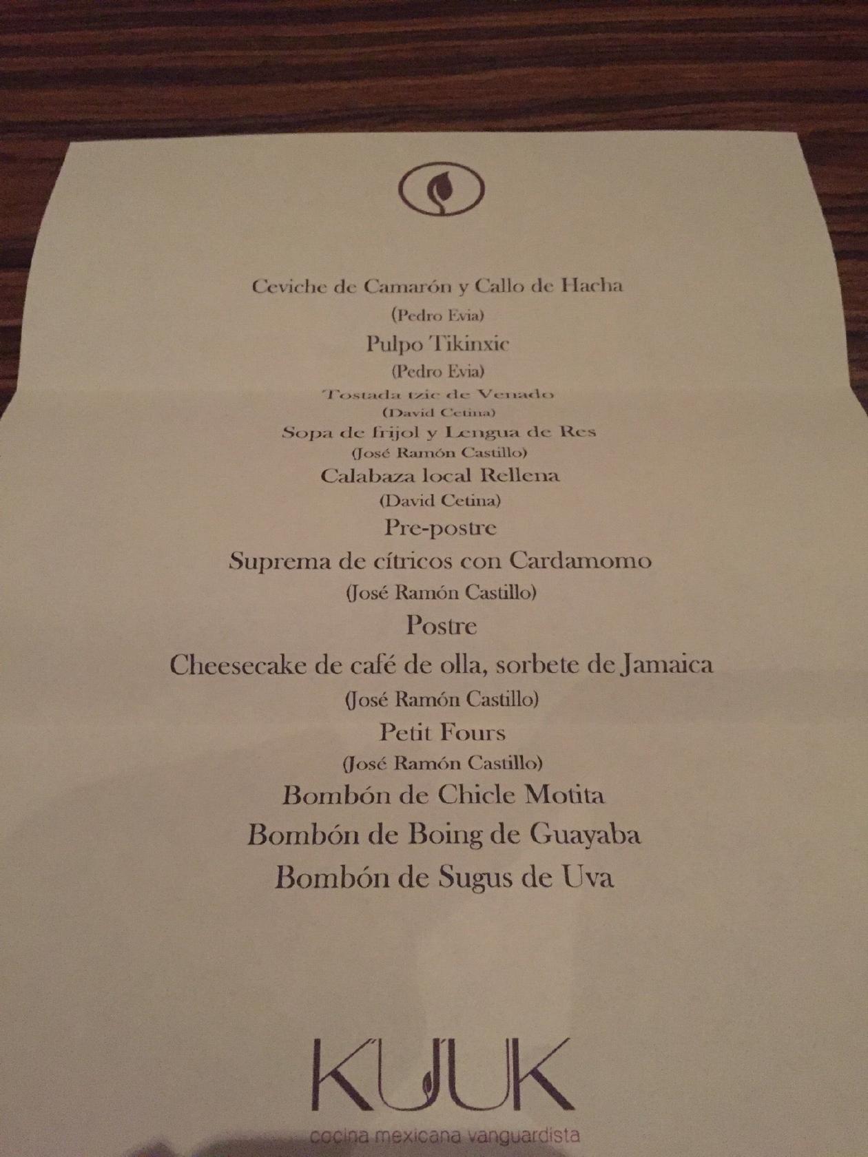 Menu at Kuuk restaurant, Merida, Av Rómulo Rozo 488