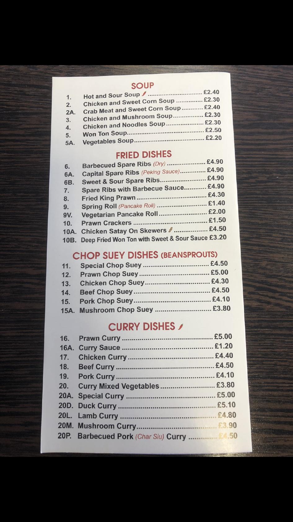 Menu at Man Hong fast food, Edgware