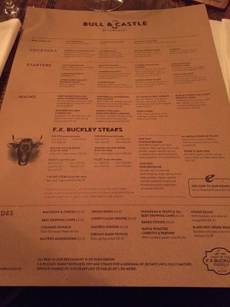 Menu at The Bull & Castle pub & bar, Dublin