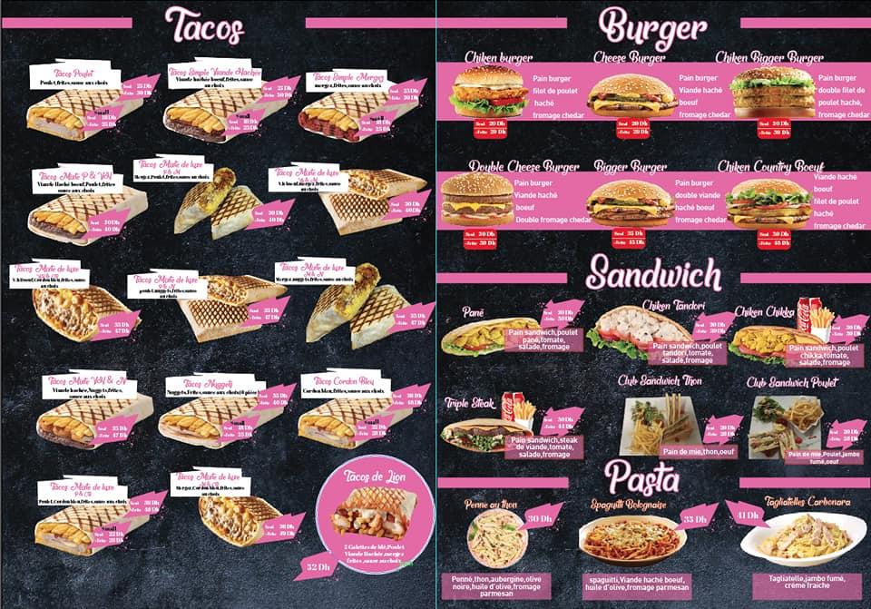 Menu at tacos lion restaurant, Casablanca