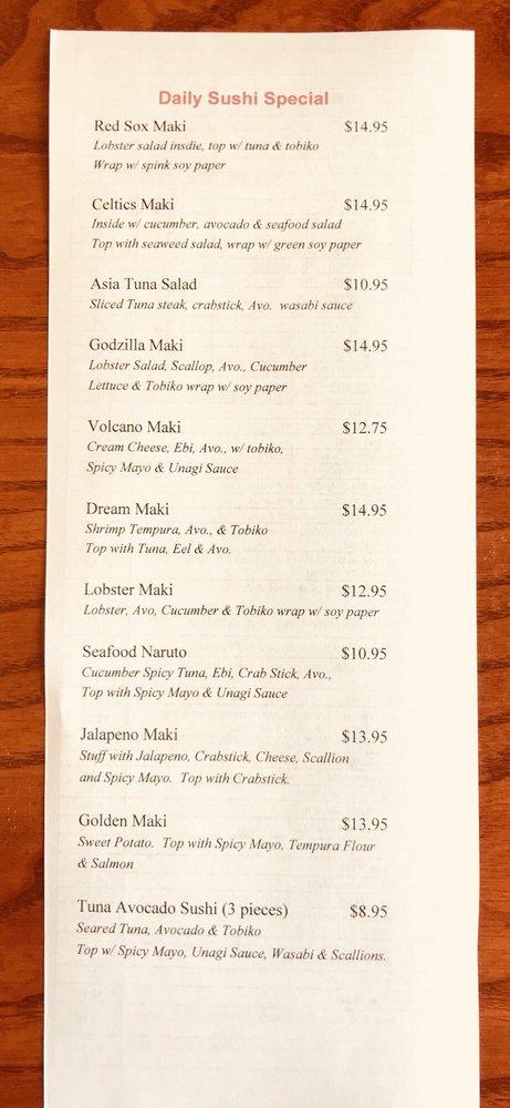 Menu at Asia restaurant, Mashpee