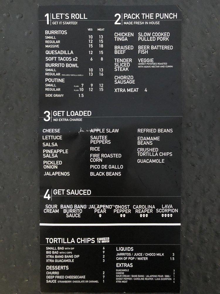Menu at Bang Bang Burrito restaurant, Markham