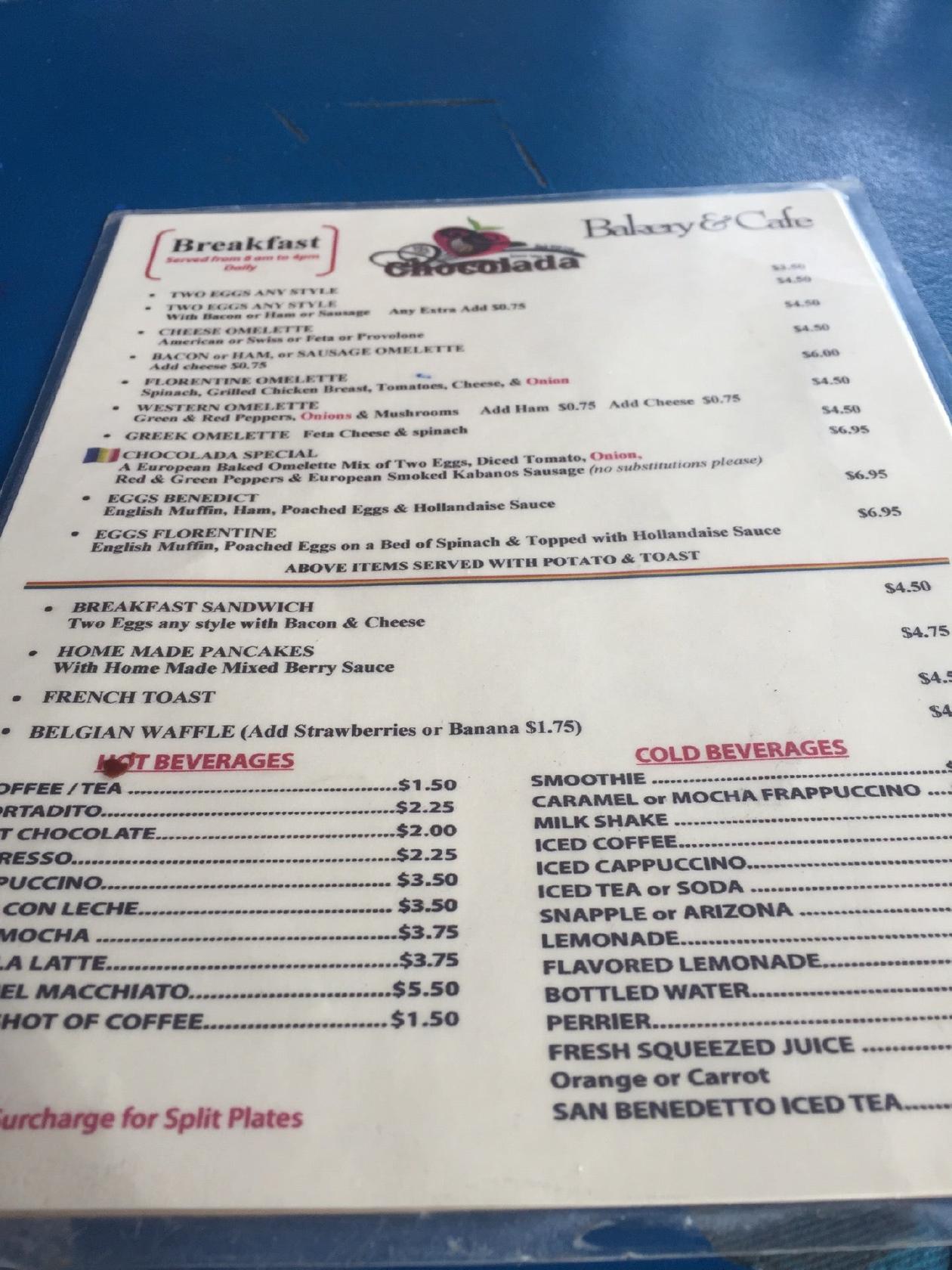 Menu at Chocolada Bakery & Cafe, Hollywood