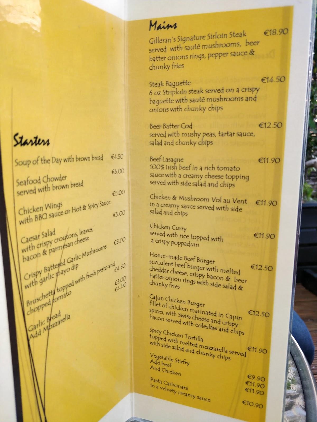 Menu at Gilleran's pub & bar, Mullingar