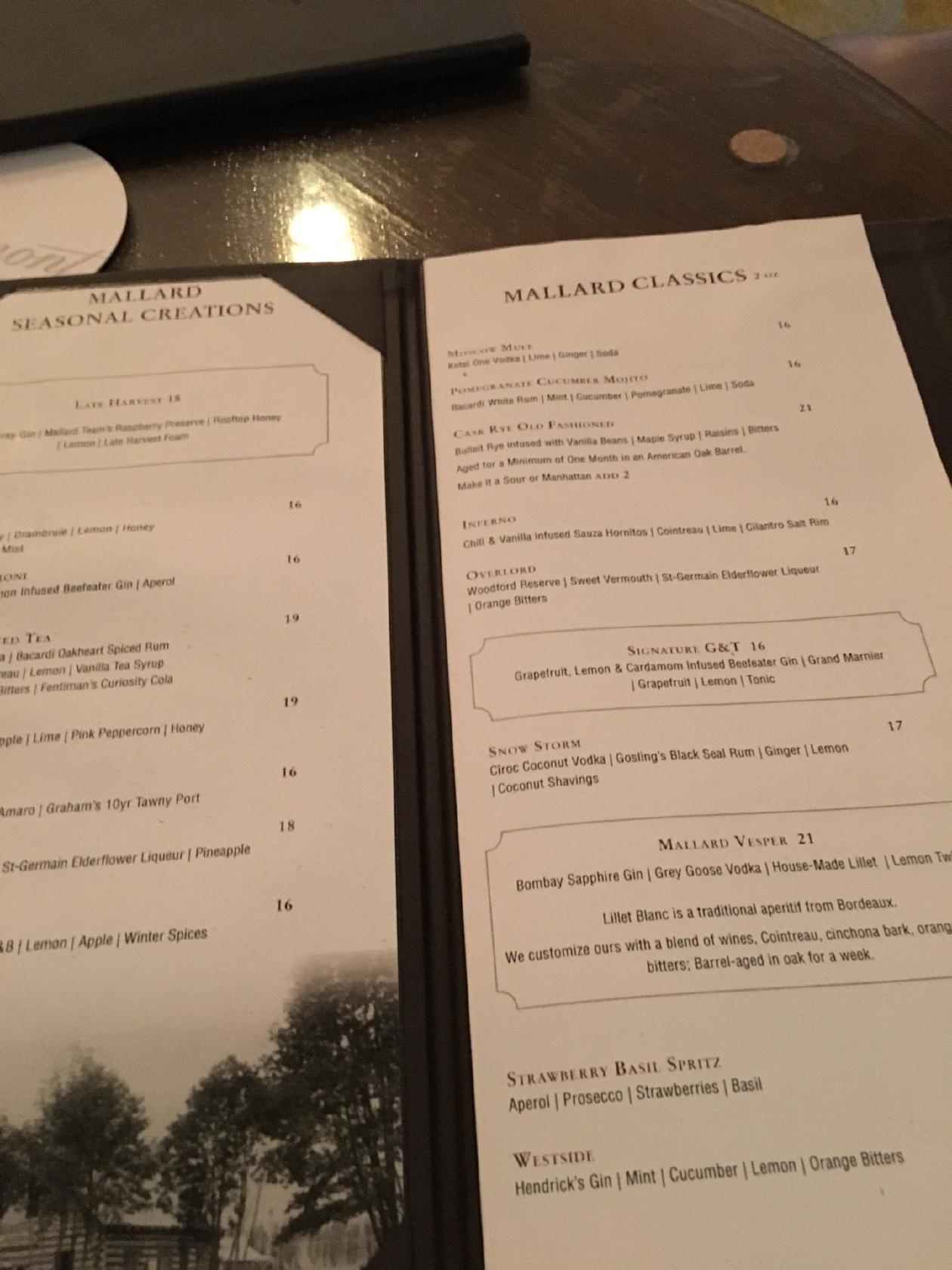 Menu at Mallard Lounge restaurant, Whistler