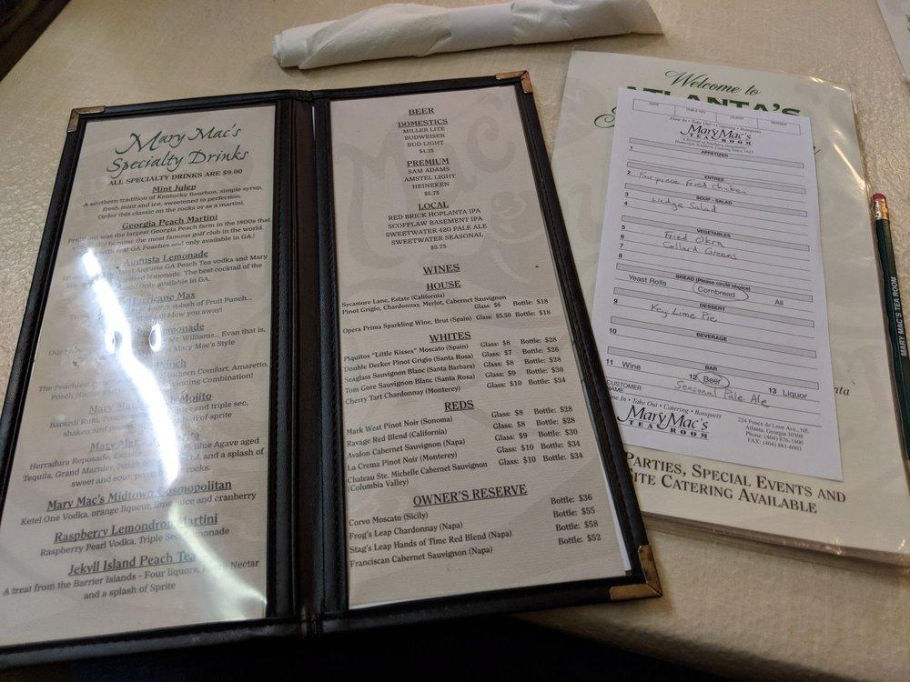 Menu at Mary Mac's Tea Room pub & bar, Atlanta