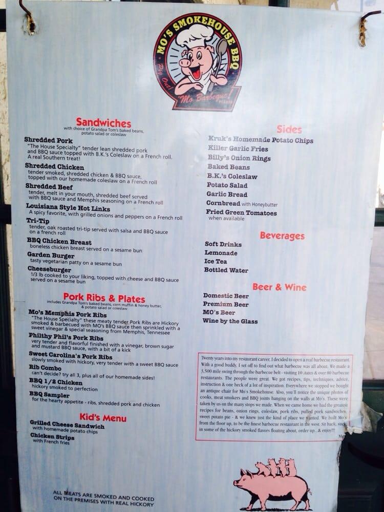 Menu at Mo's SmokeHouse BBQ, Pismo Beach