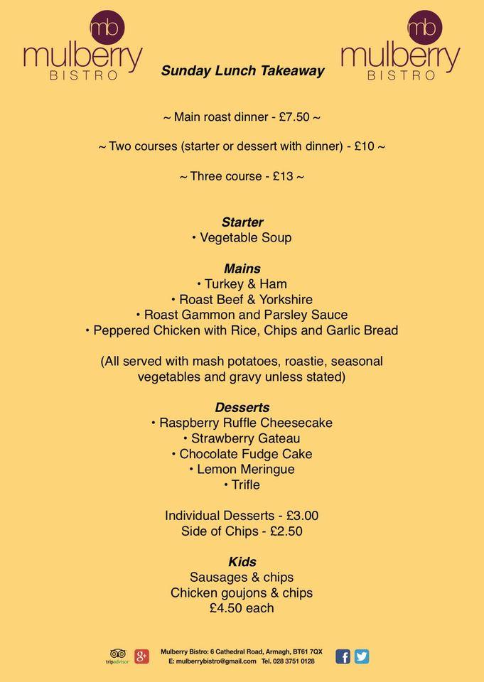 Menu at Mulberry Bistro restaurant, Armagh