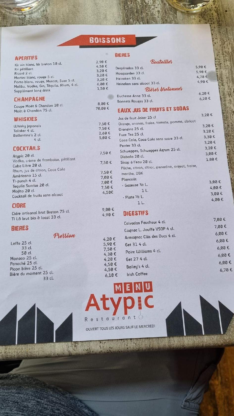 Menu au Atypic restaurant, Dinan
