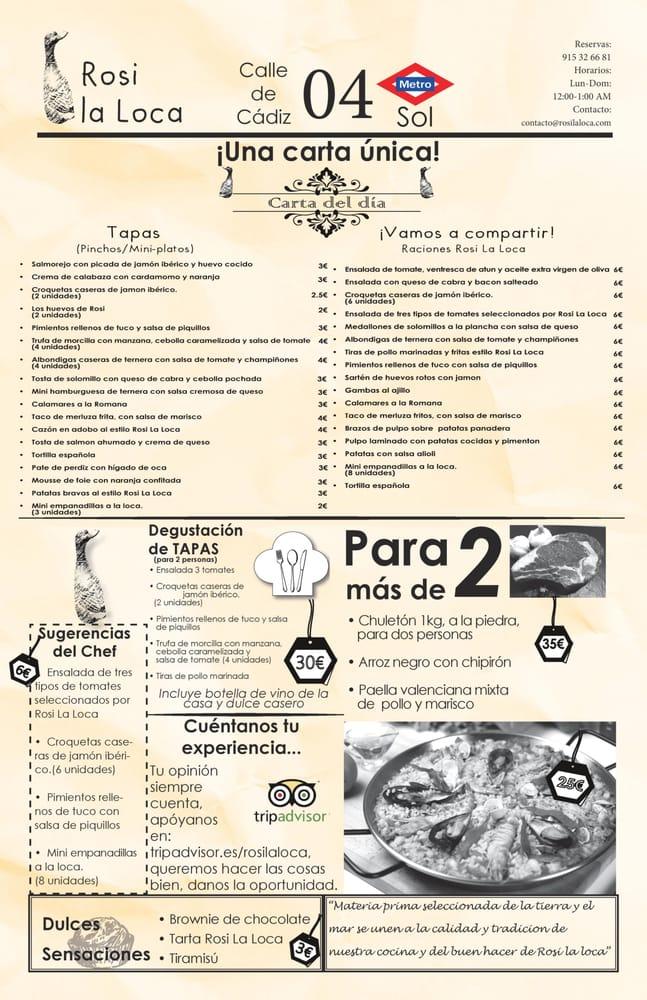Menu at Rosi La Loca pub & bar, Madrid, C. de Cádiz
