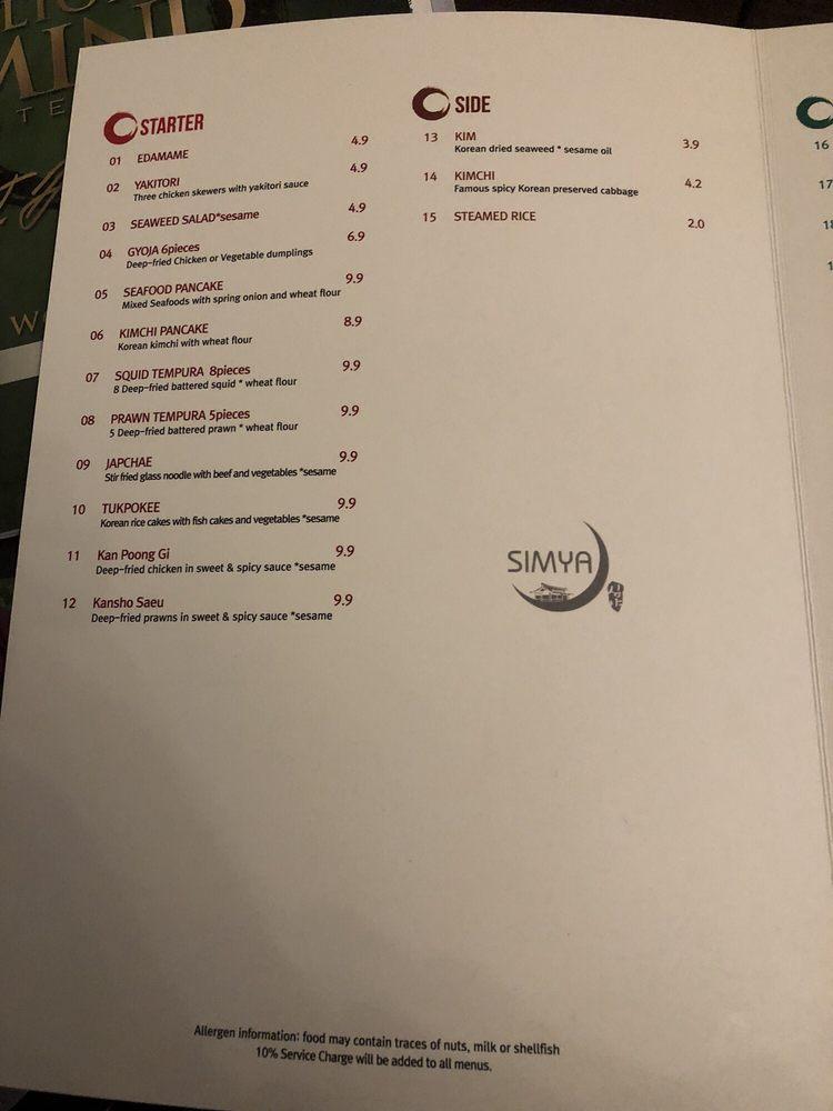 Menu at Simya Korean Restaurant, London, 345 North End Rd