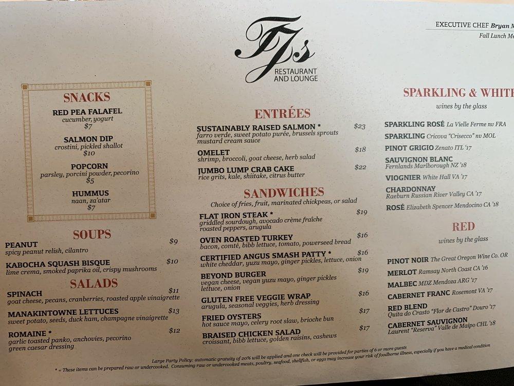 Menu at TJ's restaurant, Richmond