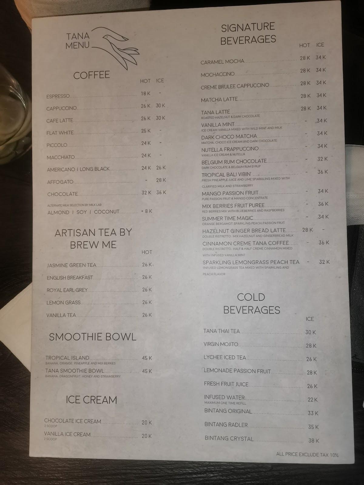 Menu at Tana Cafe, Mengwi