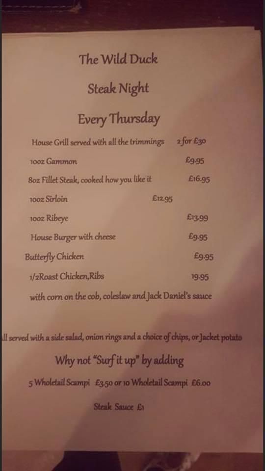 Menu at The Wild Duck Inn pub & bar, Dean