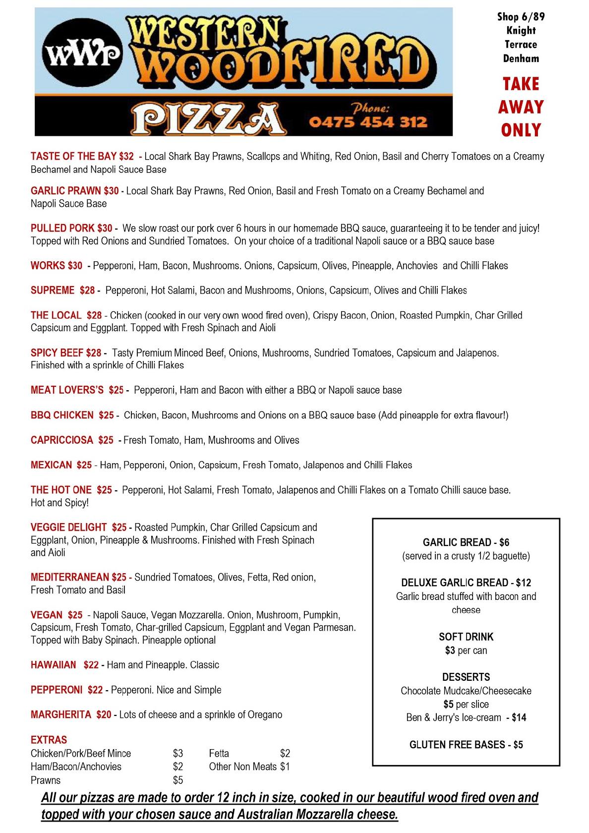 Menu at Shark Bay Pizza pizzeria, Denham