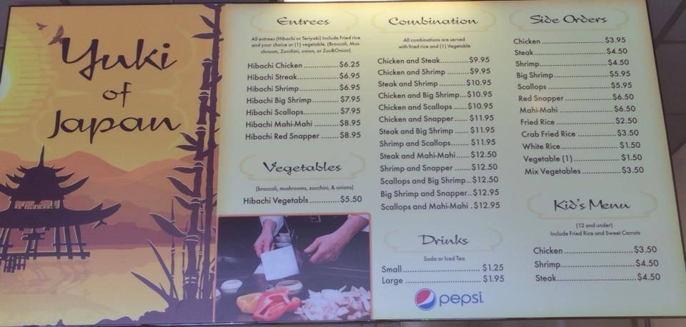 Menu at Yuki Of Japan restaurant, Eden