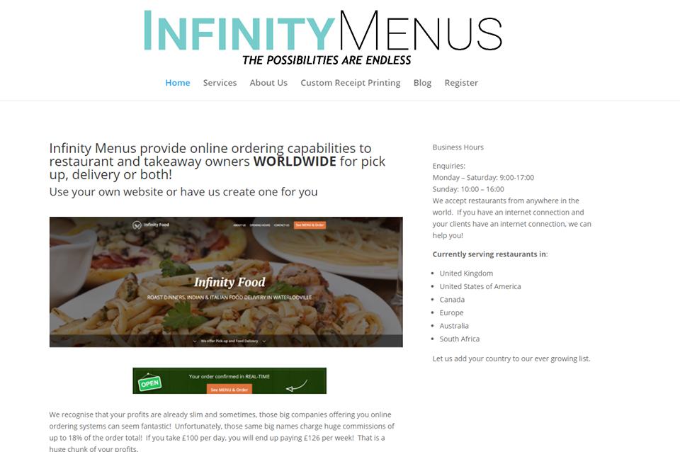 Carta del restaurante Infinity Menus, Reino Unido