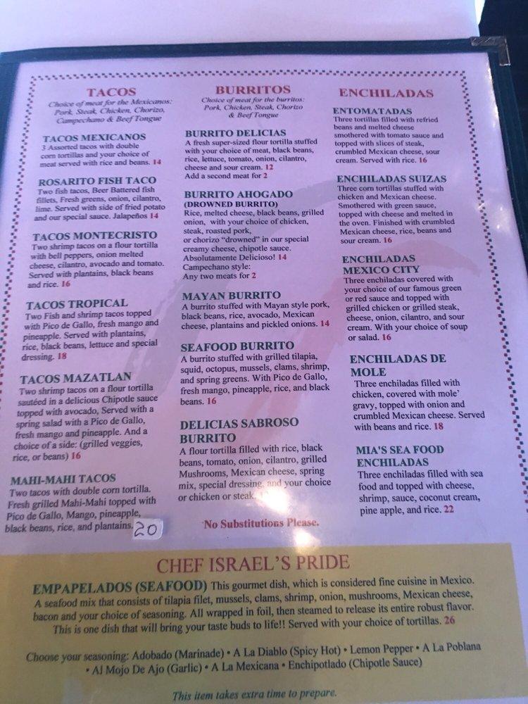 Menu at Israel’s Delicias De Mexico Gourmet restaurant, New Albany