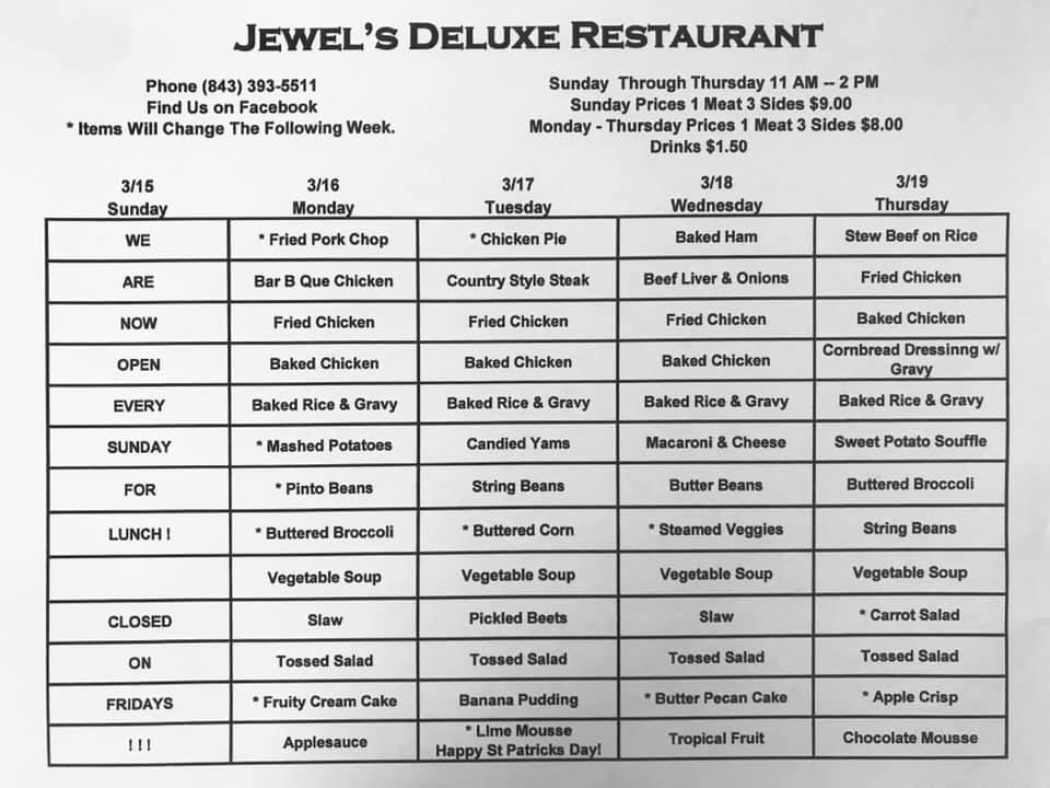 Menu at Jewel's Deluxe Restaurant, Darlington