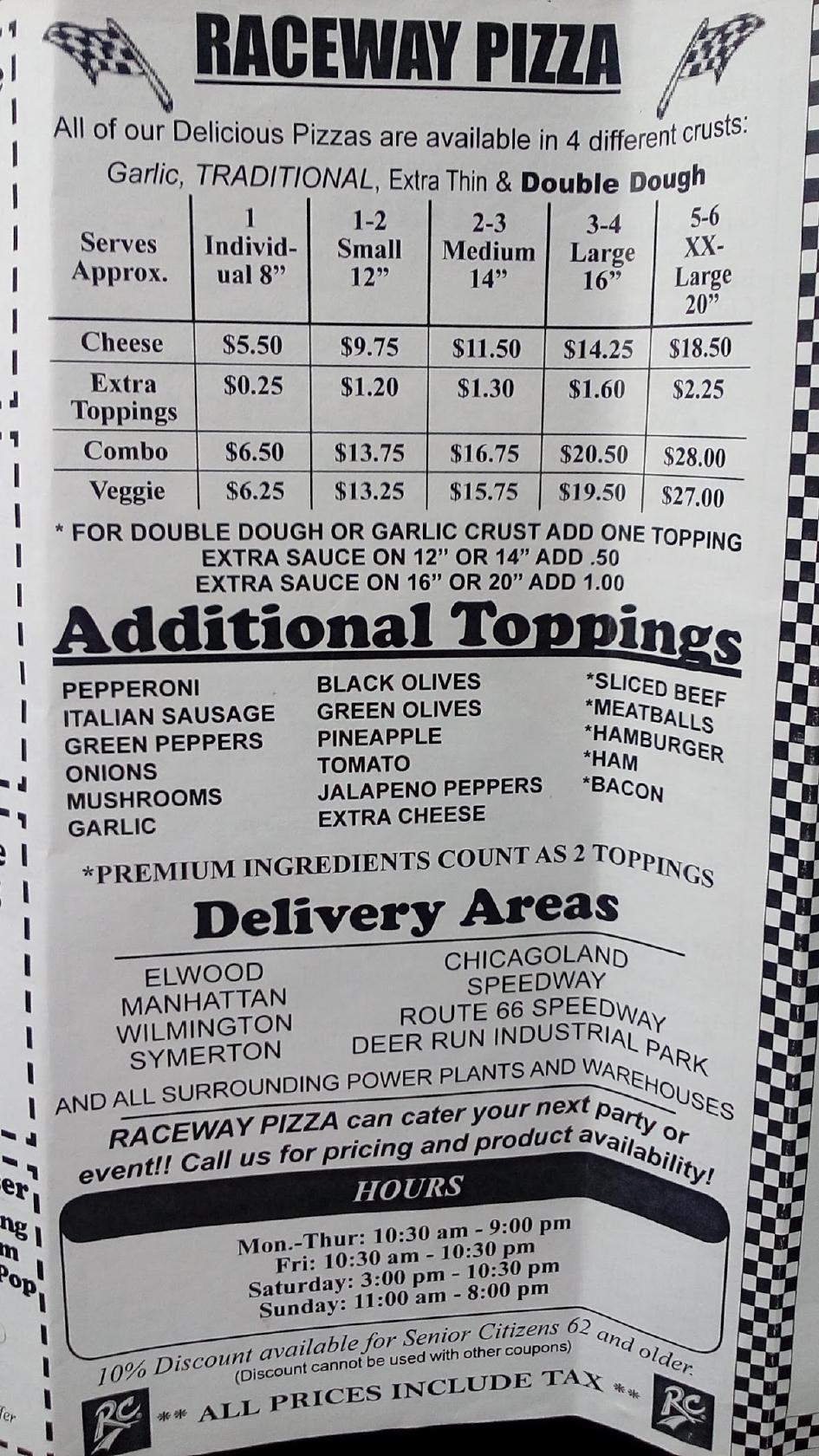Menu at Raceway Pizza & More pizzeria, Elwood