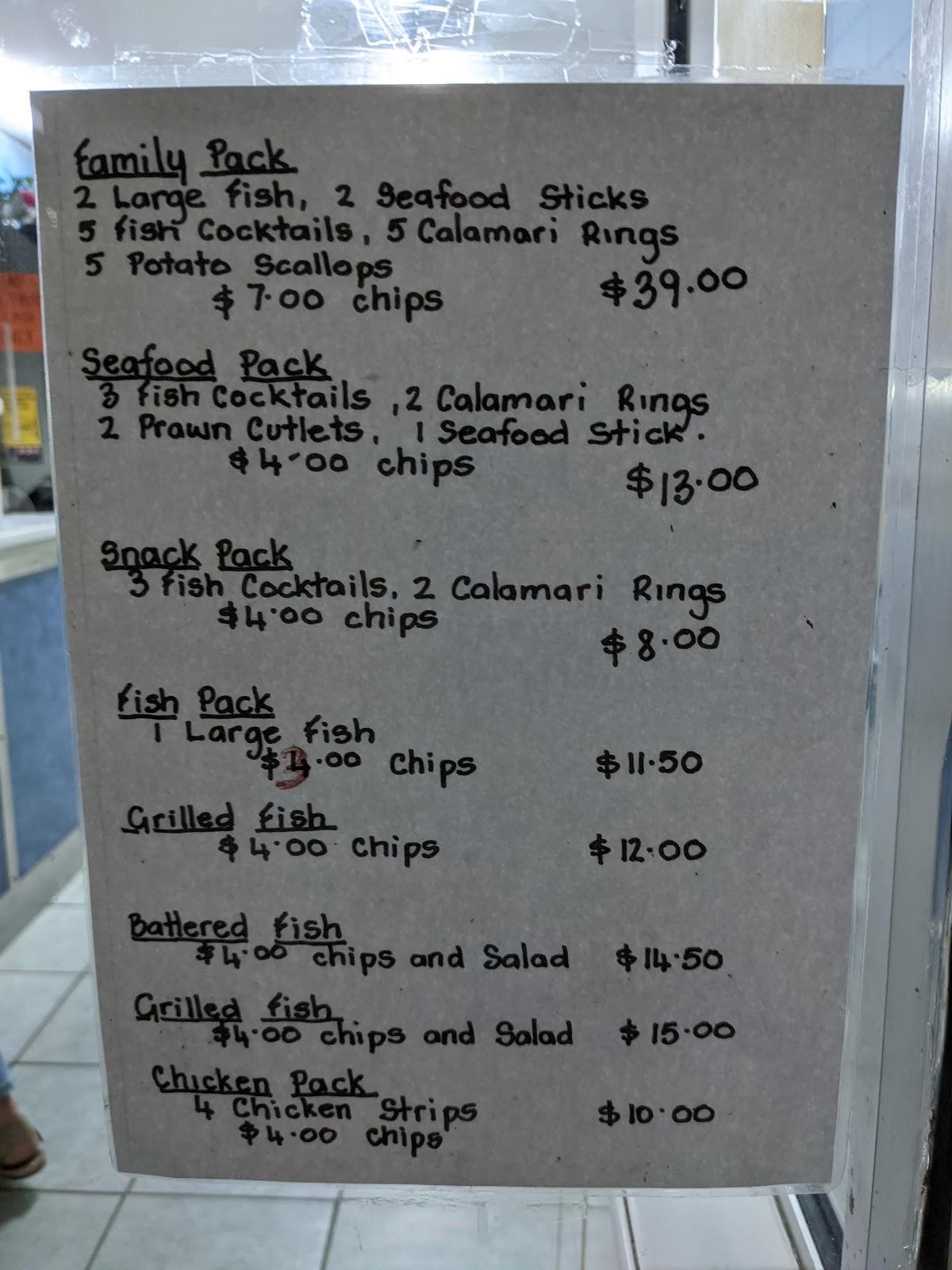 Menu at Swans Take Away fast food, Moruya