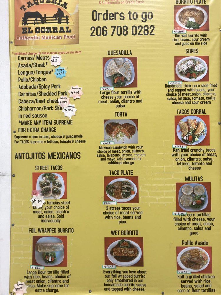 Menu at Taqueria El Corral restaurant, Fife