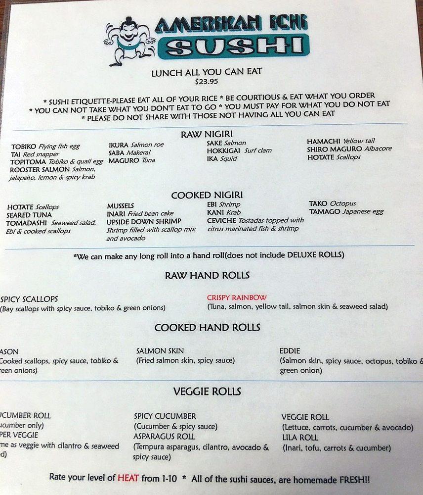 Menu at Amerikan Ichi Sushi restaurant, Placerville