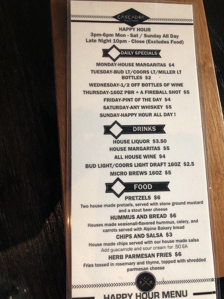 Menu at Cascadia Public House, Spokane