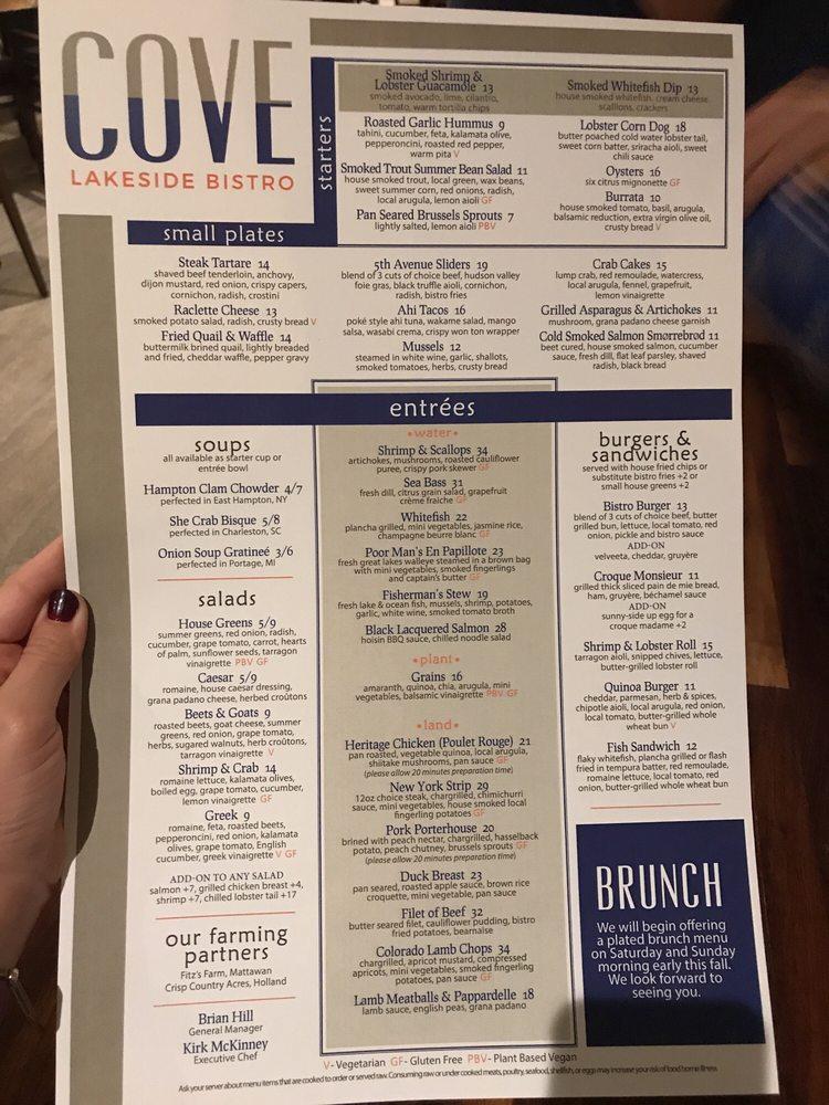 Menu at Cove Lakeside Bistro pub & bar, Portage