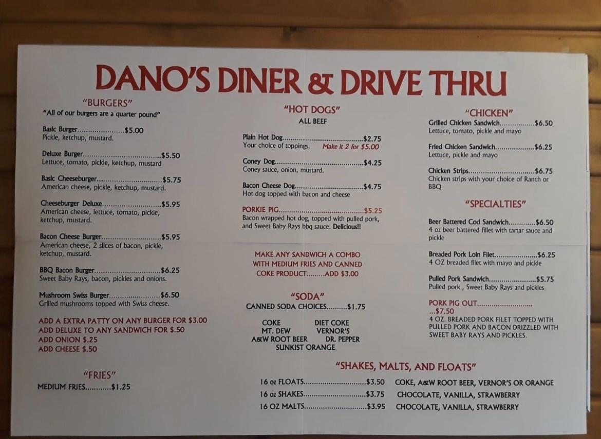 Menu at Dano's Diner & Drive thru restaurant, Atlanta