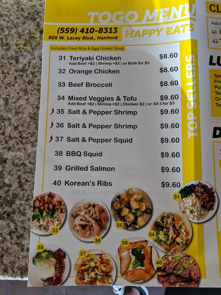 Menu at Happy Eats restaurant, Hanford